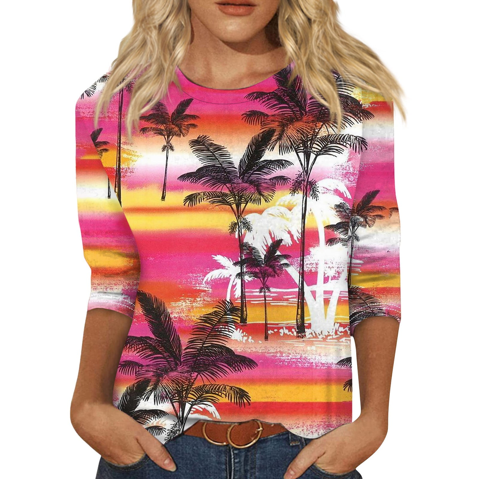 Hawaiianan Shirts for Women 3/4 Length Sleeve Tropical Tops Dressy ...