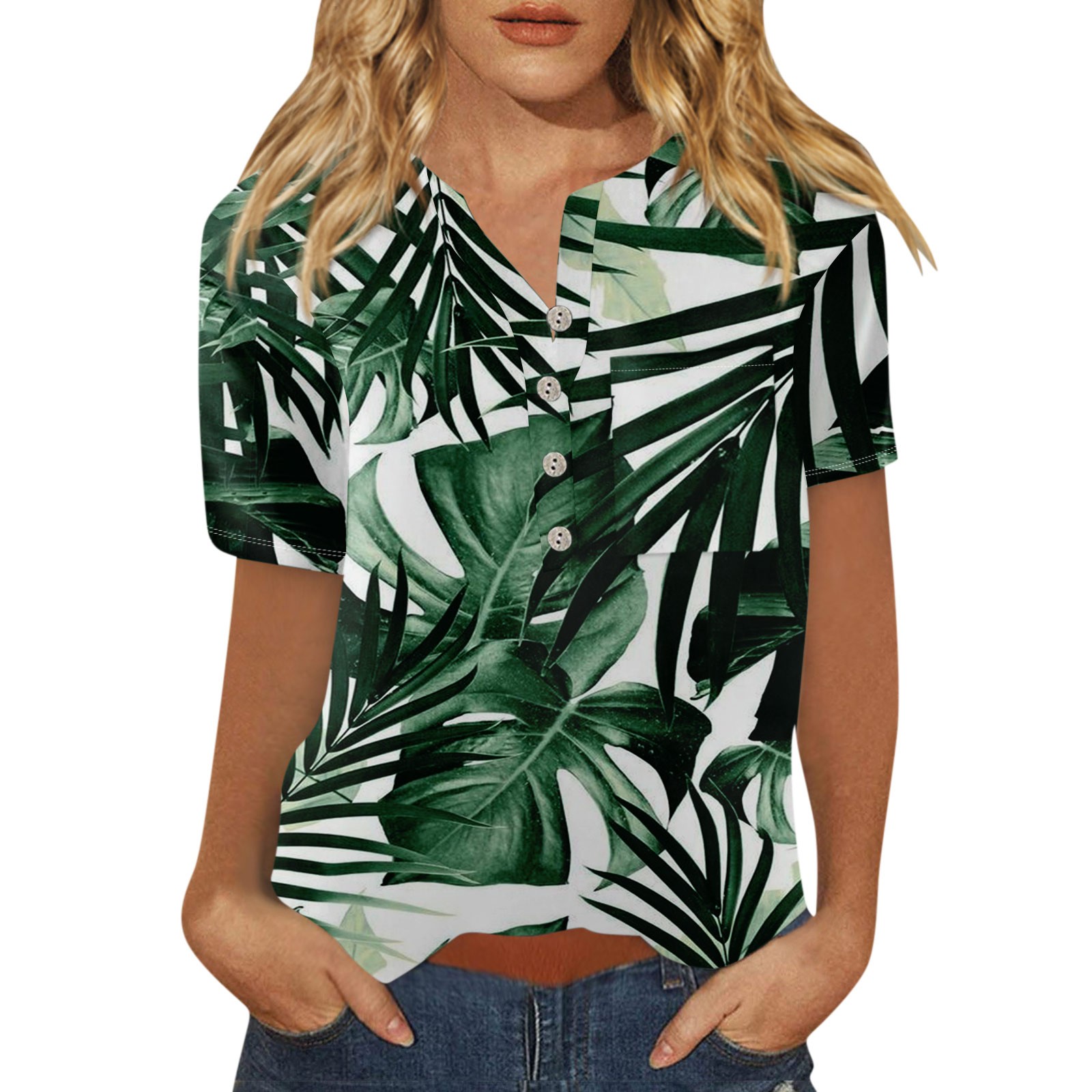 Hawaiianan Womens Tops Trendy Basic Button Down Henley Shirts for Teens with Pocket Short Sleeve ...