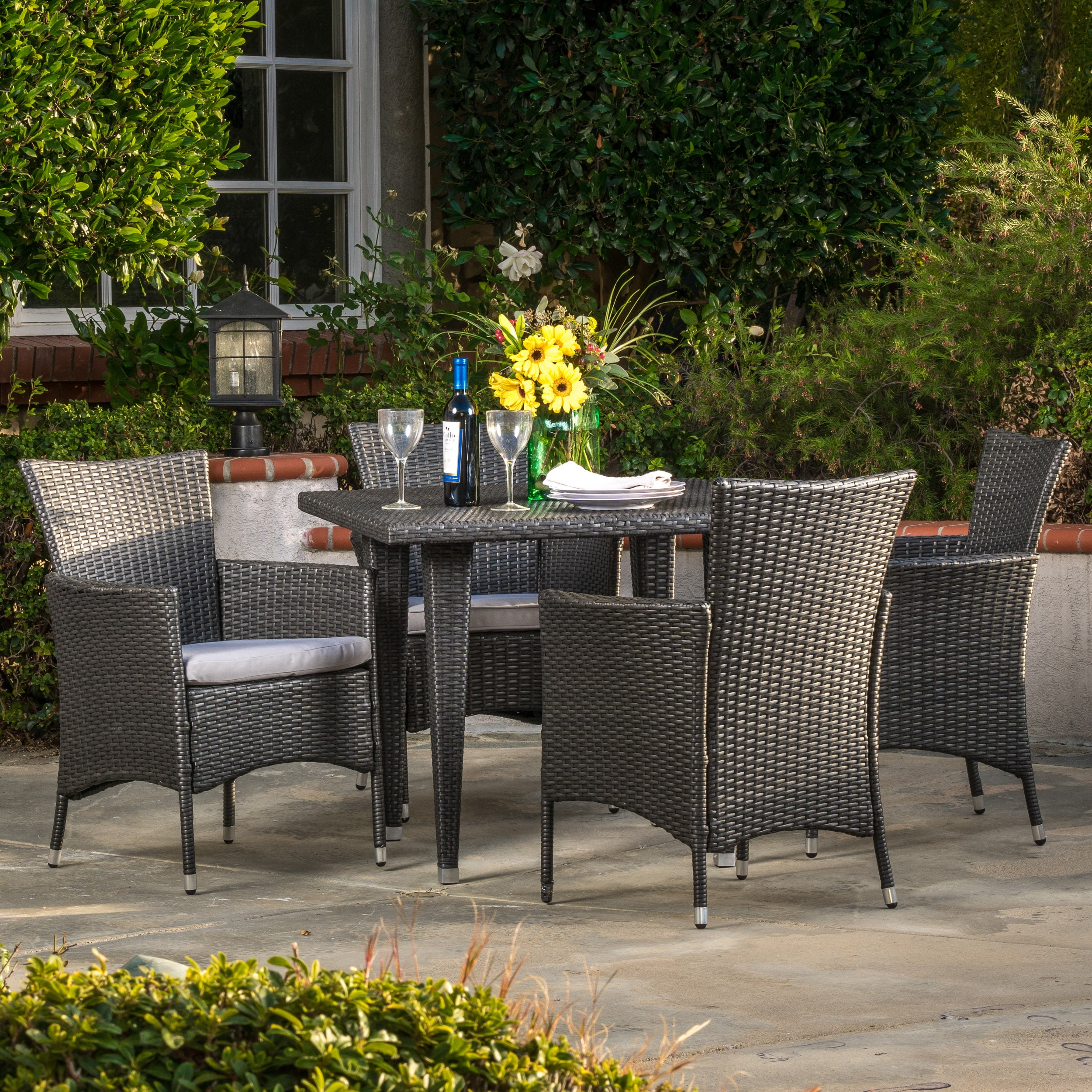 Hawawa Outdoor 5 Piece Wicker Square Dining Set with Cushions, Grey ...