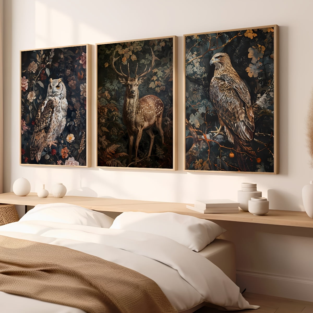 Hawk Deer Owl Wall arts 3pcs Set Print, Vintage Animal Buck Gift for ...