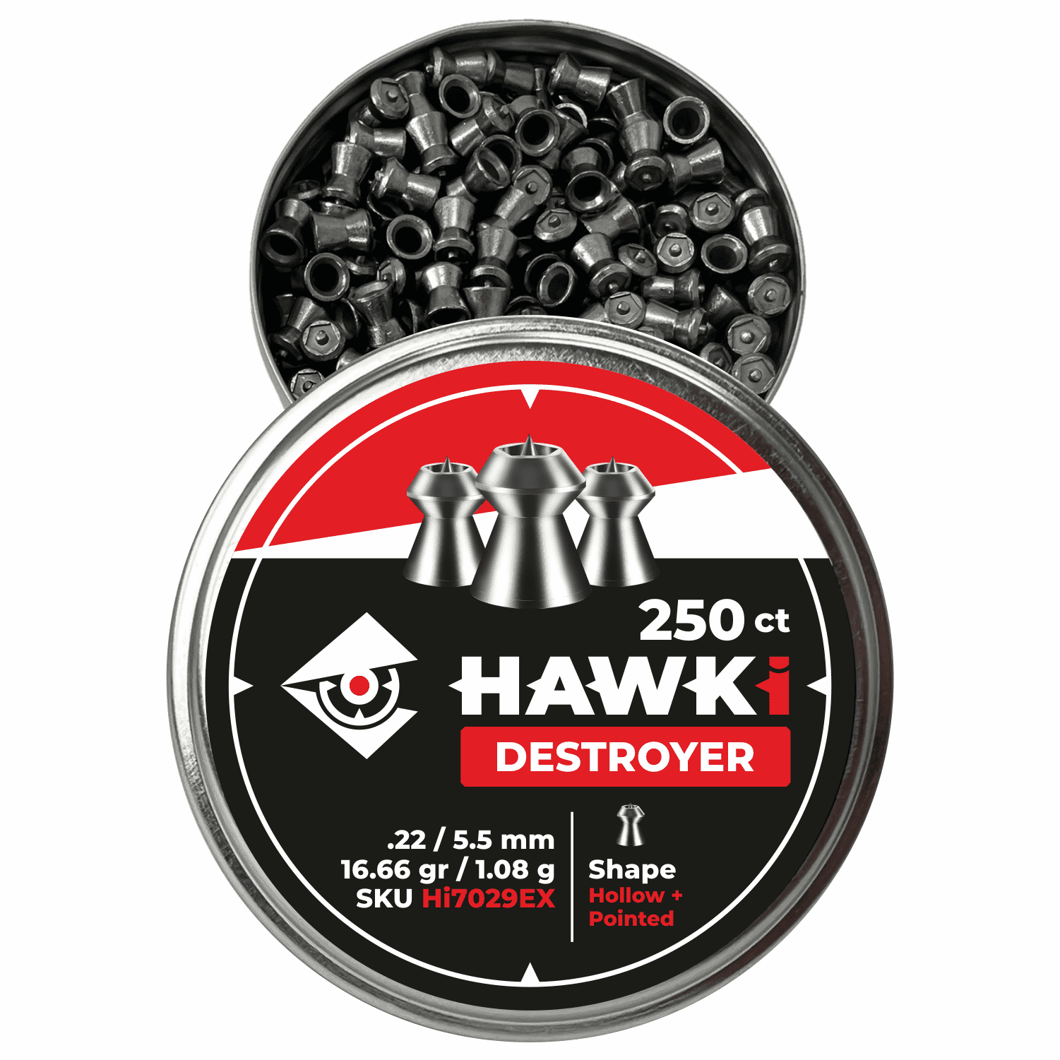 Hawki Airgun Pellets -.22/5.5mm Caliber (16.66 gr/1.08 g) 250 ct Hi7029EX hollow + pointed ...