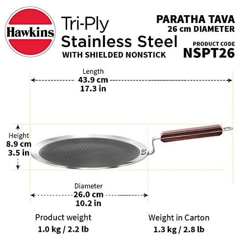Hawkins 26 cm Paratha Tava, Triply Stainless Steel Shielded Nonstick ...