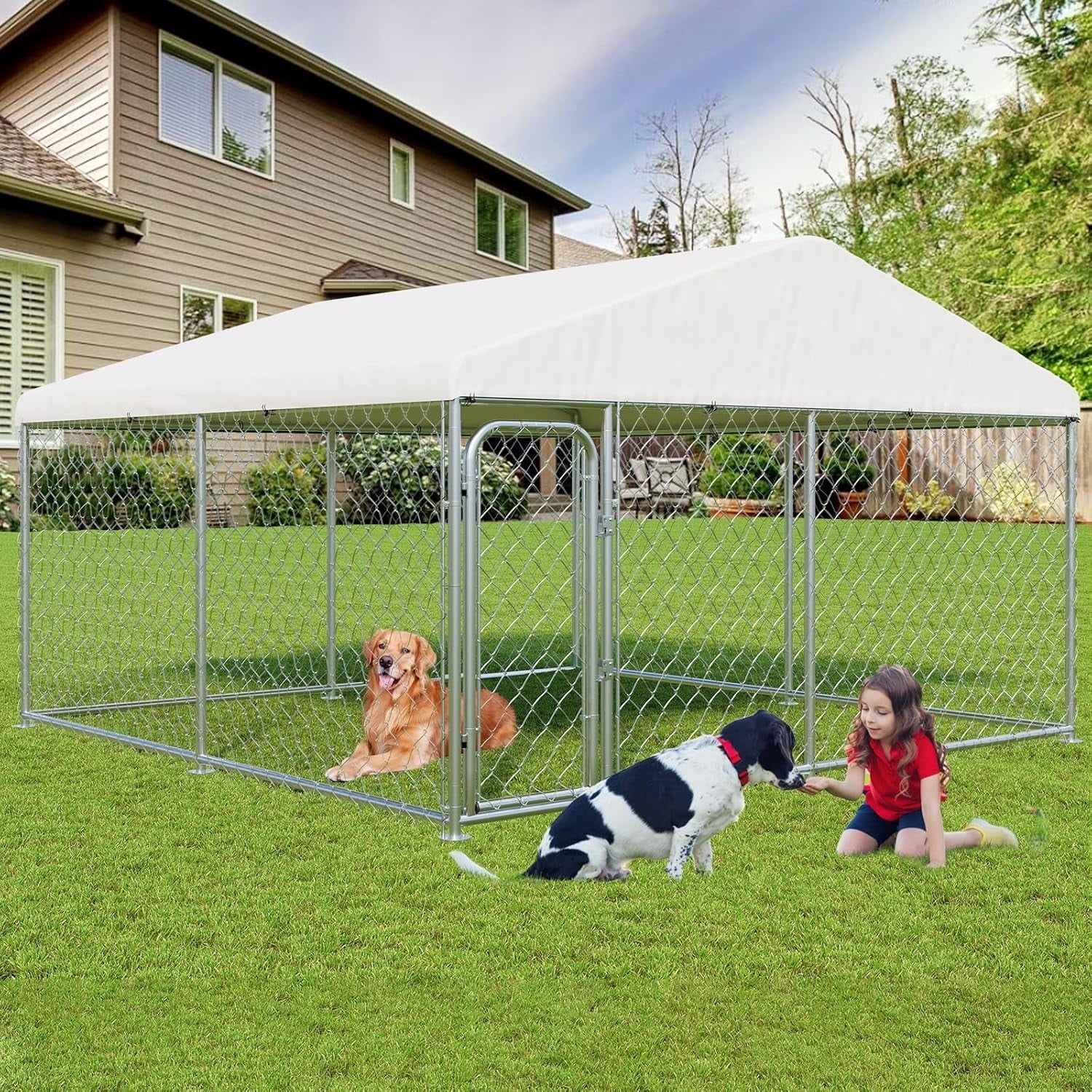 Hawkrown Outdoor Large Dog Kennel, Heavy Duty Dog Enclosure with UV ...