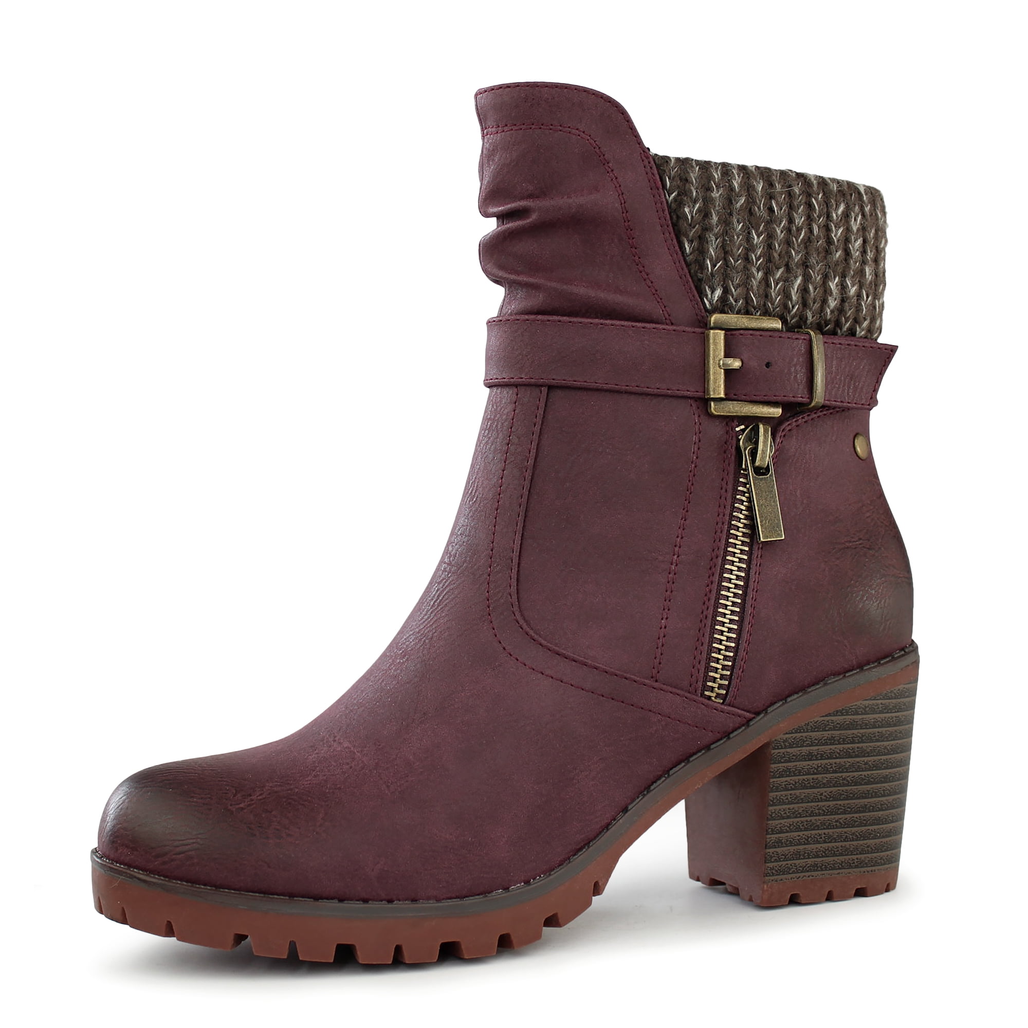 Hawkwell Women's Zipper Chunky Heel Ankle Booties,Burgundy PU,9.5 M US ...