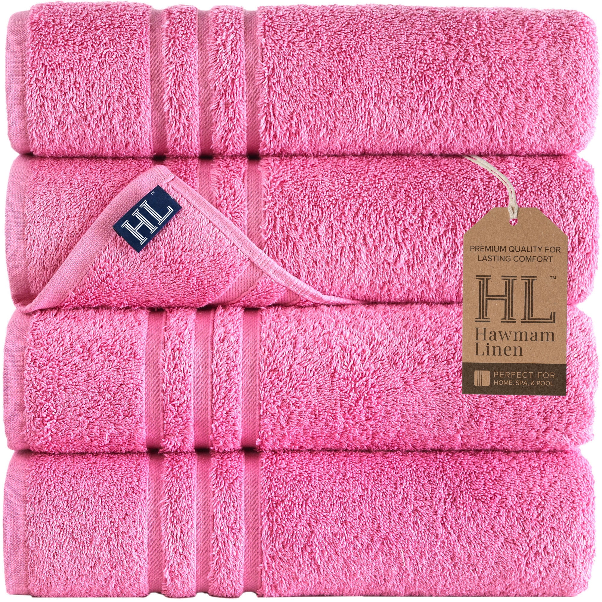 Hawmam Linen Bath Pink Towels - 4-Pack Set, 100% Turkish Cotton, Pink ...
