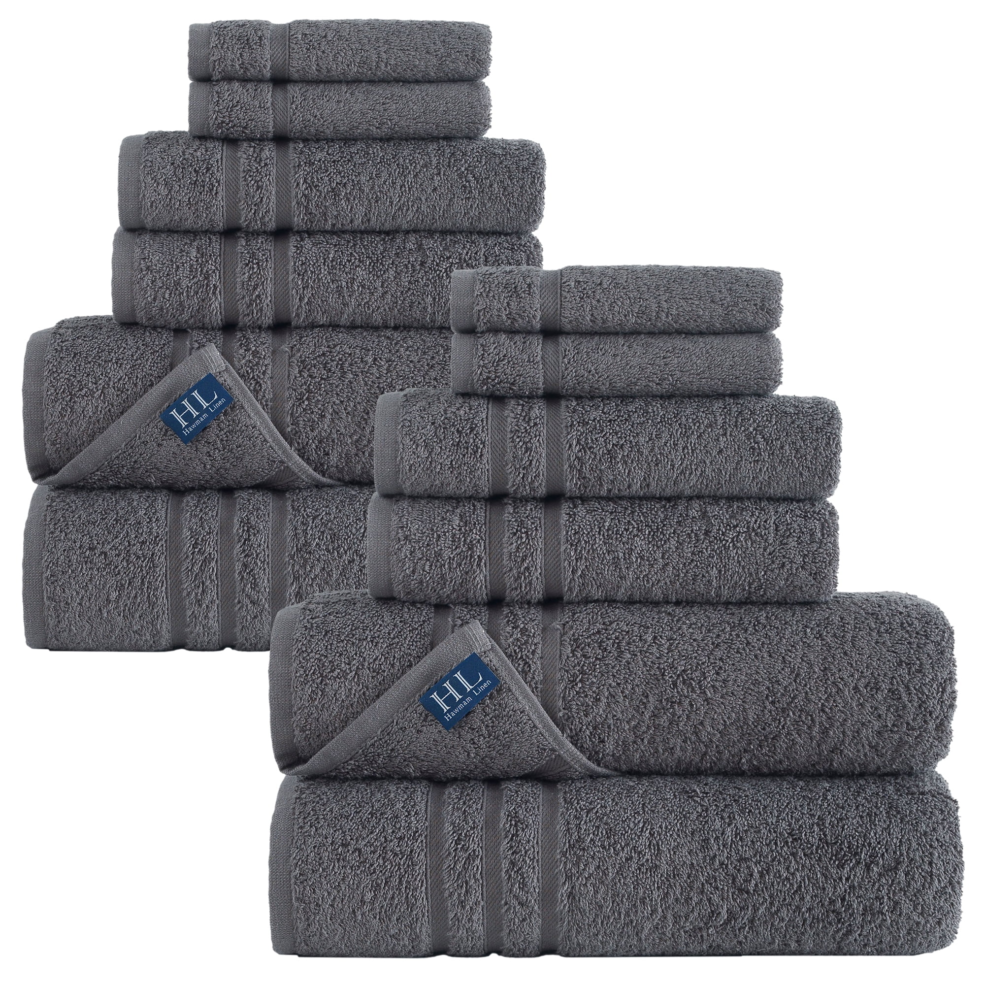 Hawmam Linen Gray 12-Piece Bathroom Set - 4 Bath Towels, 4 Hand Towels ...