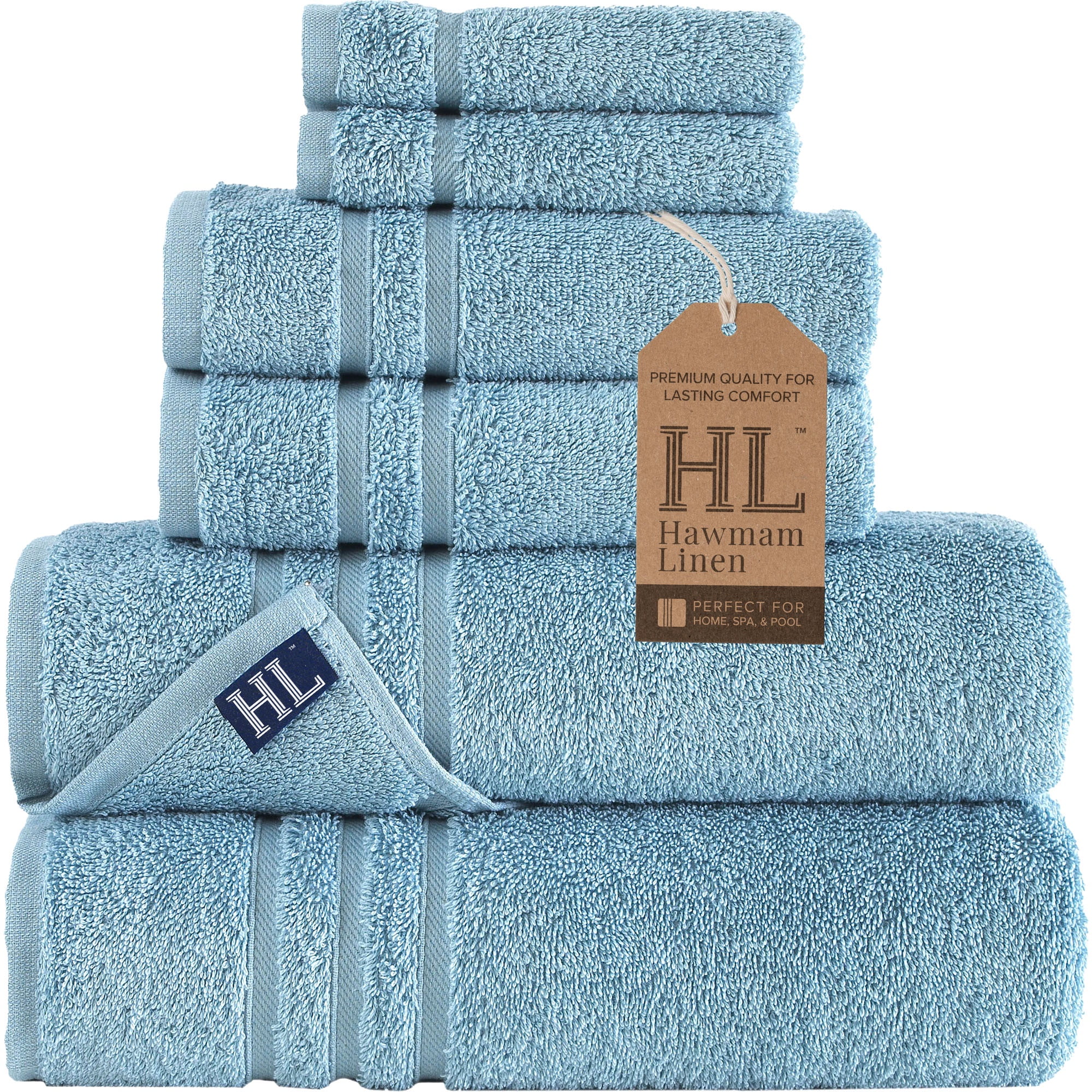 Hawmam Linen, 6-Piece Bathroom Set, Light Blue, Turkish Cotton ...
