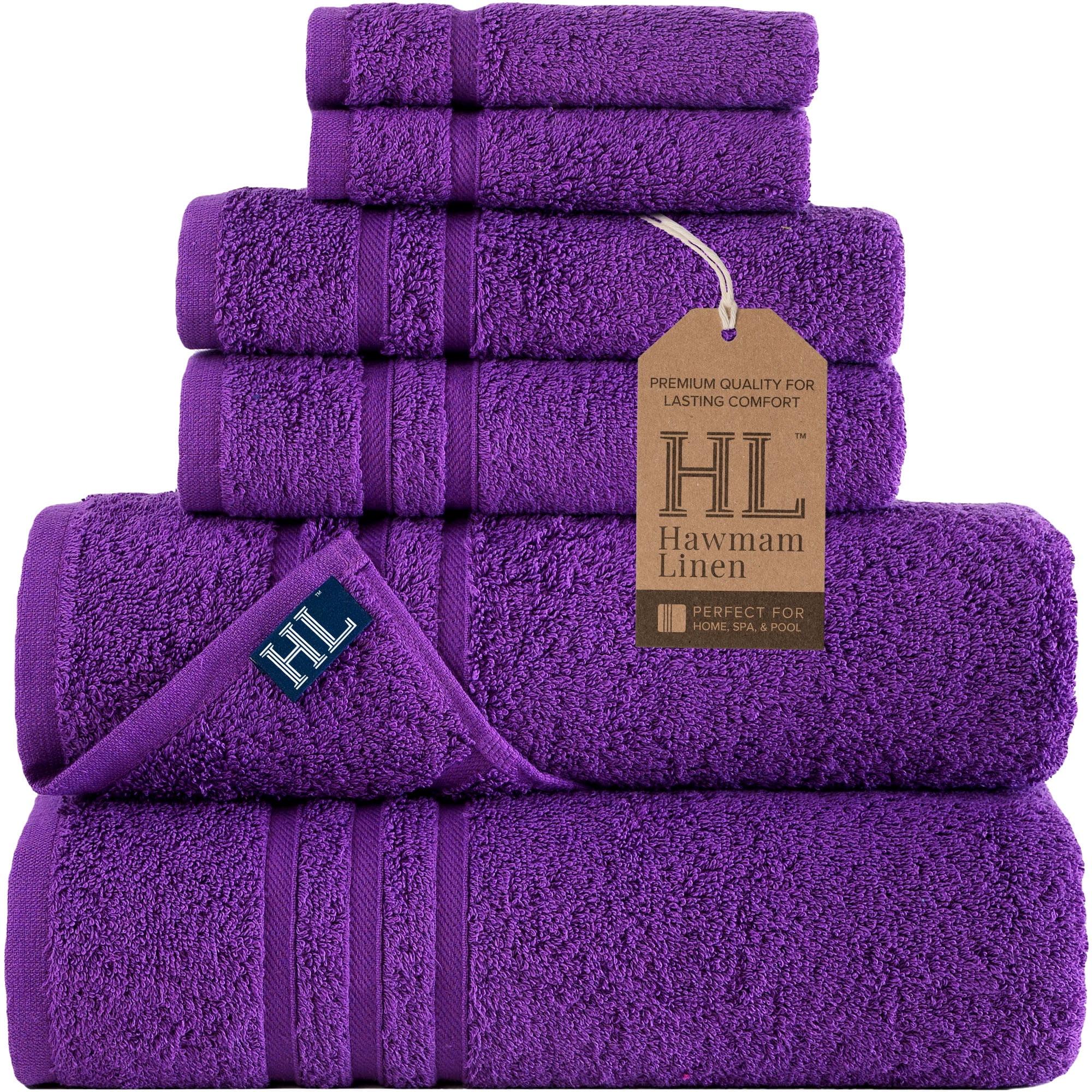 Hawmam Linen Purple Bathroom Towel Set, 6-Piece Turkish Cotton, Quick ...