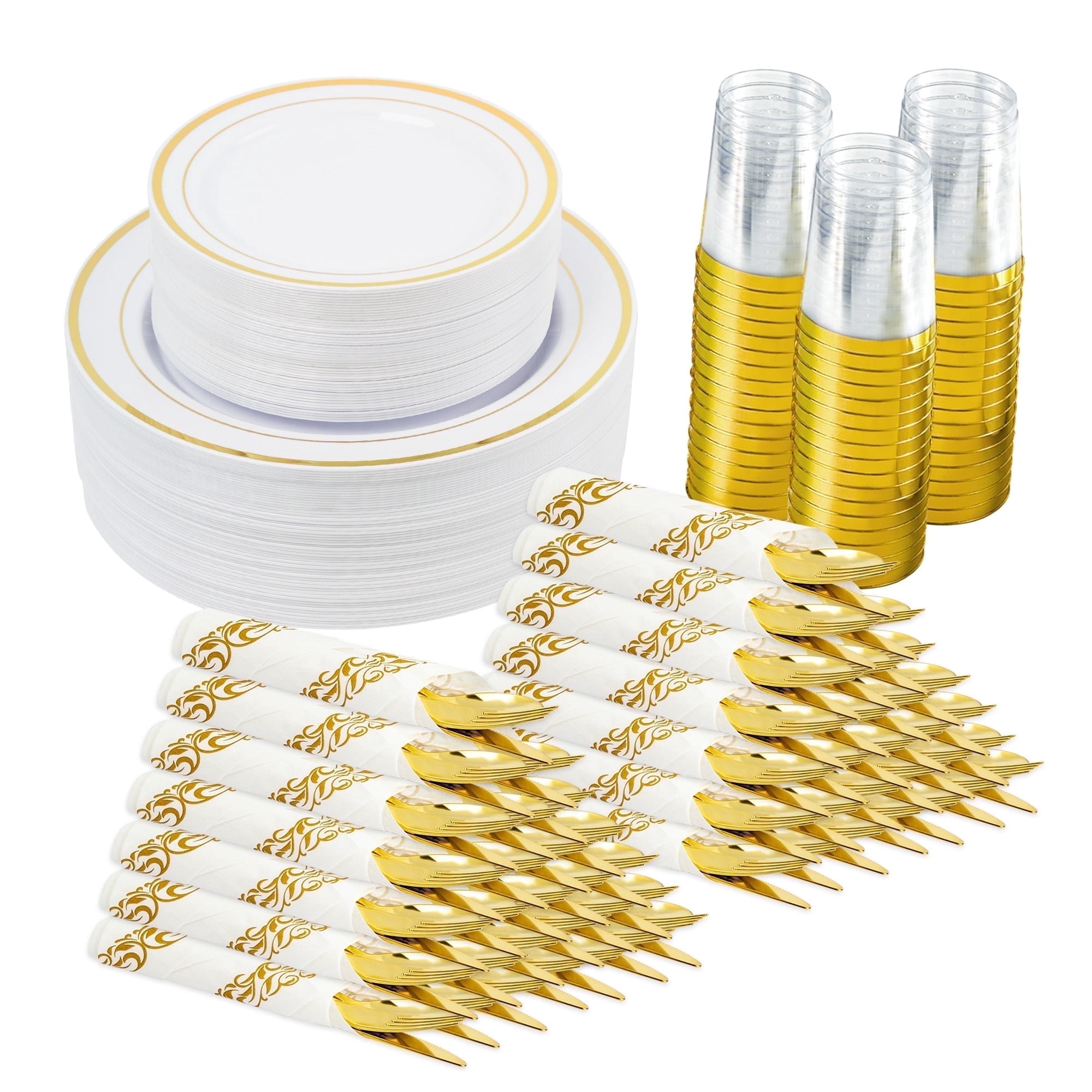 Hawsaiy, Disposable Plates and Cups Set, 350PCS for 50 Guests, Gold ...