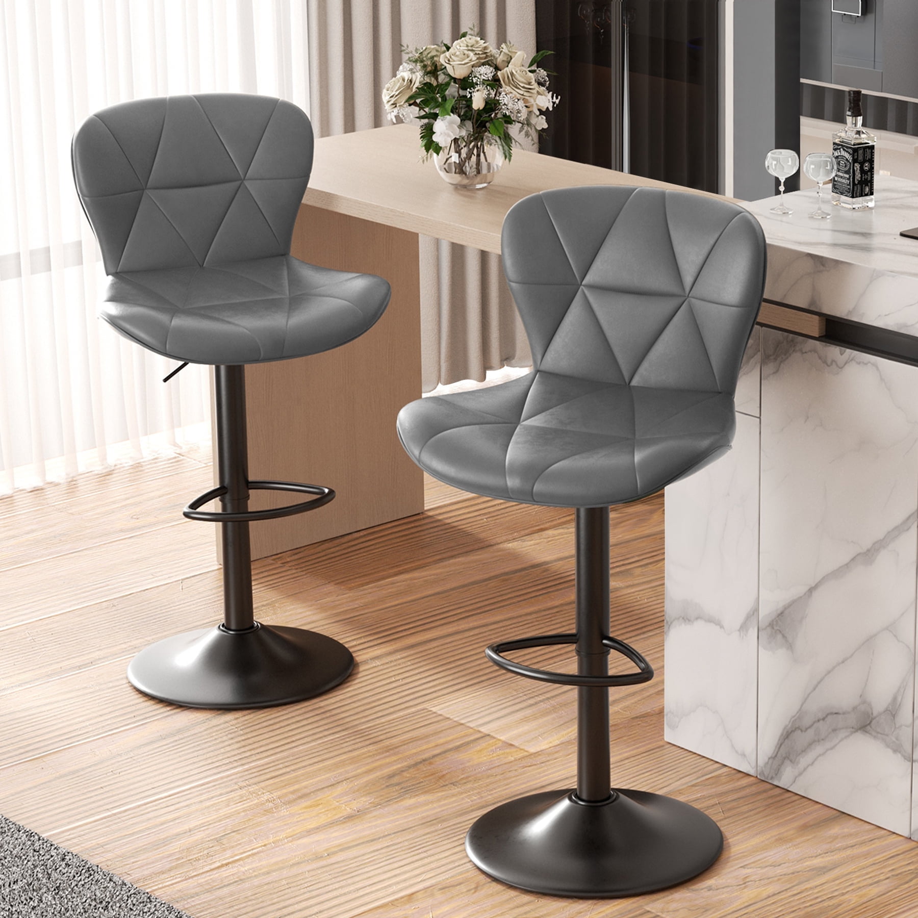 Hawsaiy Modern Bar Stools Set of 2, Adjustable Faux Leather Upholstered ...