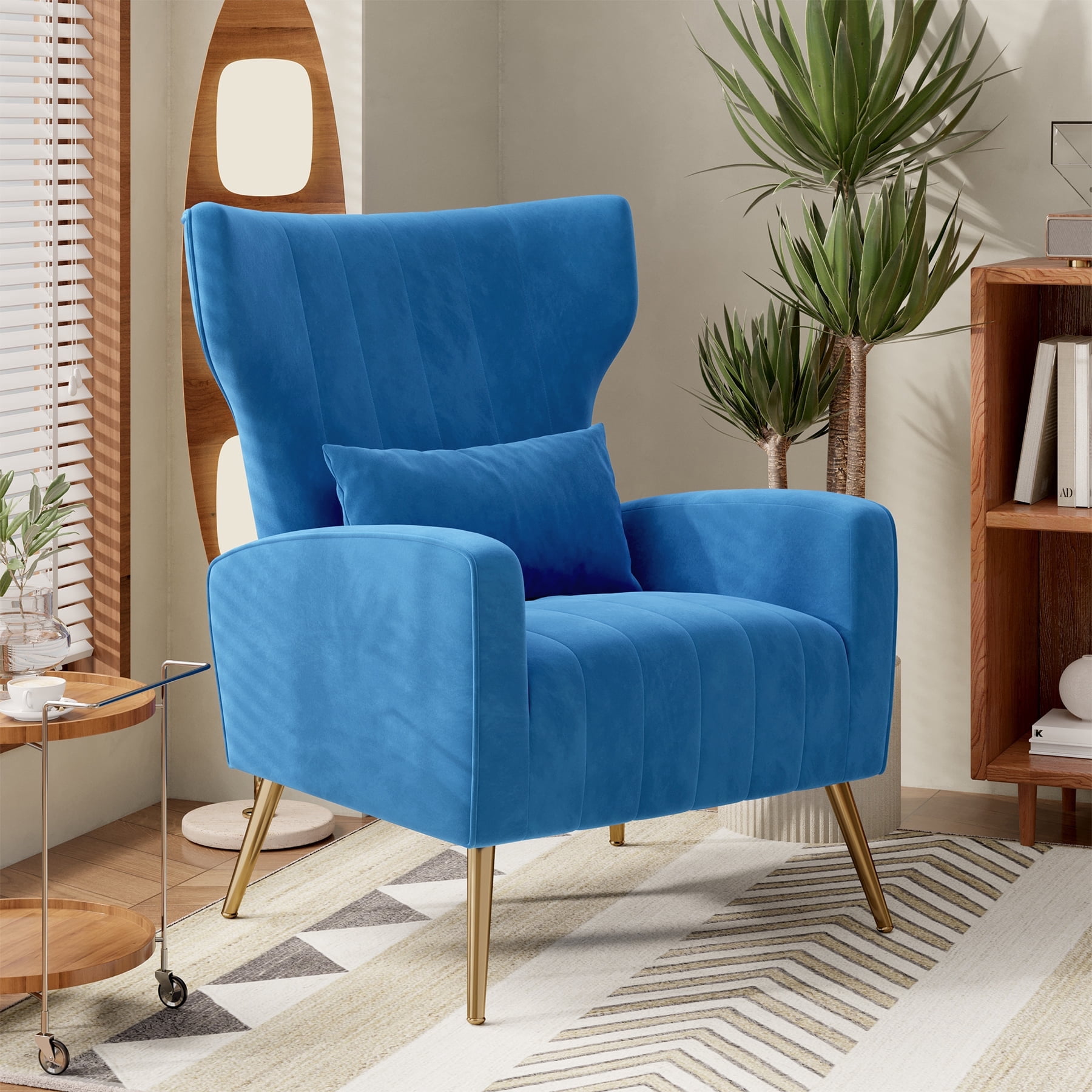 Hawsaiy Velvet Wingback Accent Chair with Golden Legs and Lumbar Pillow ...