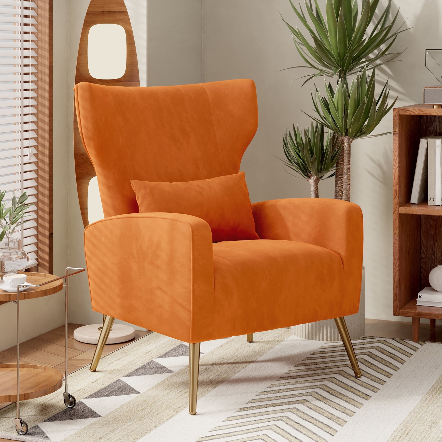 Hawsaiy Velvet Wingback Accent Chair with Golden Legs and Lumbar Pillow ...