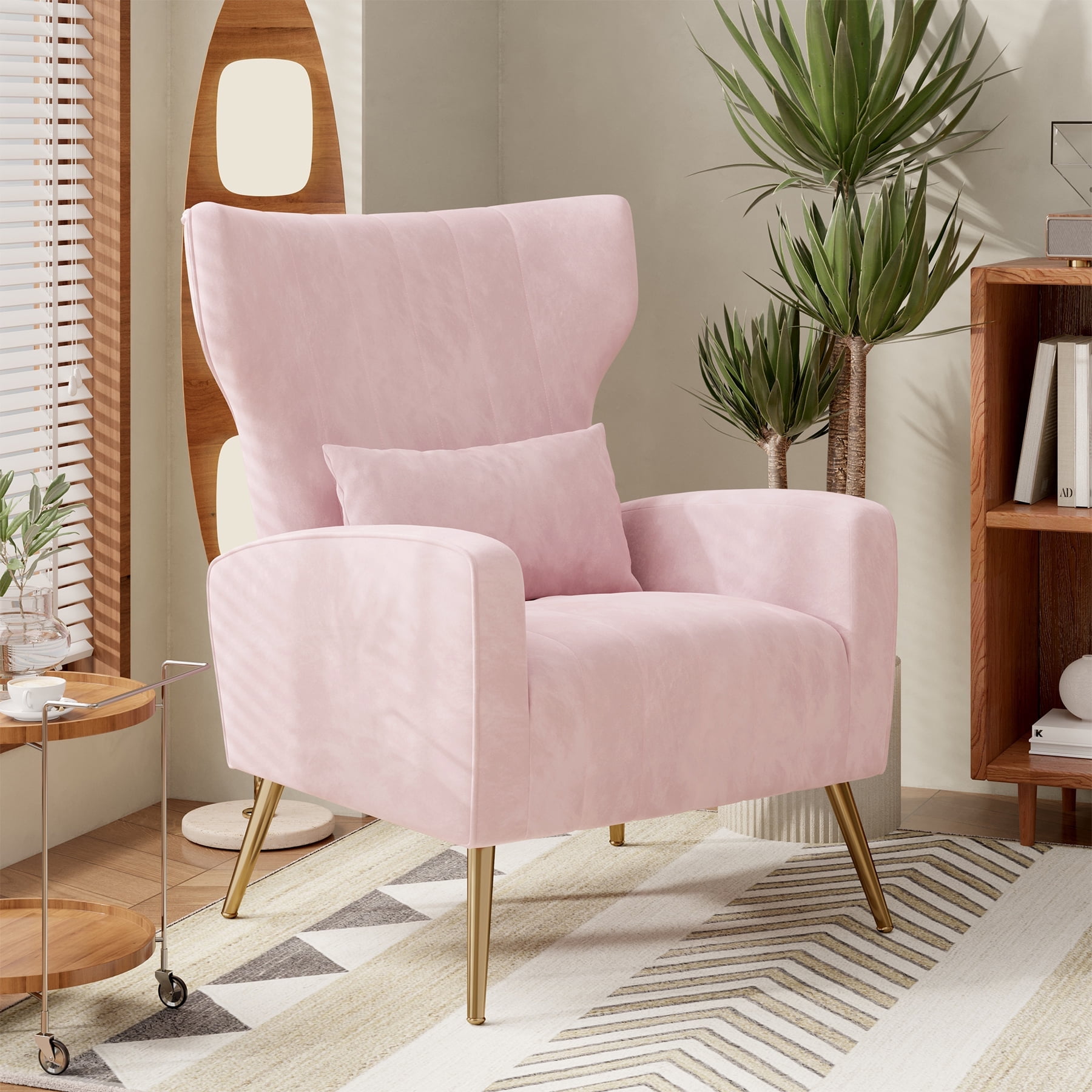 Hawsaiy Velvet Wingback Accent Chair with Golden Legs and Lumbar Pillow ...