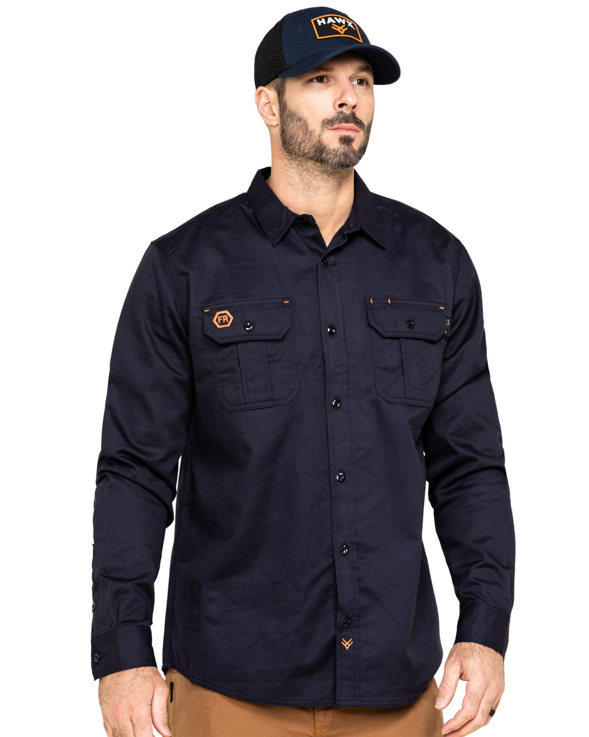 Hawx Men's Fr Long Sleeve Button-Down Work Shirt Navy - Walmart.com