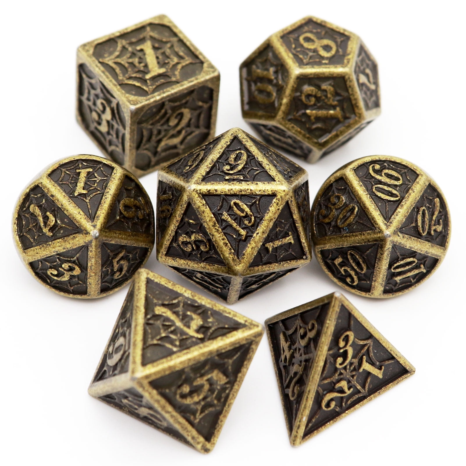 Haxtec Web Metal DND Dice Set with Leather BagAntique Bronze, 7 Pieces ...
