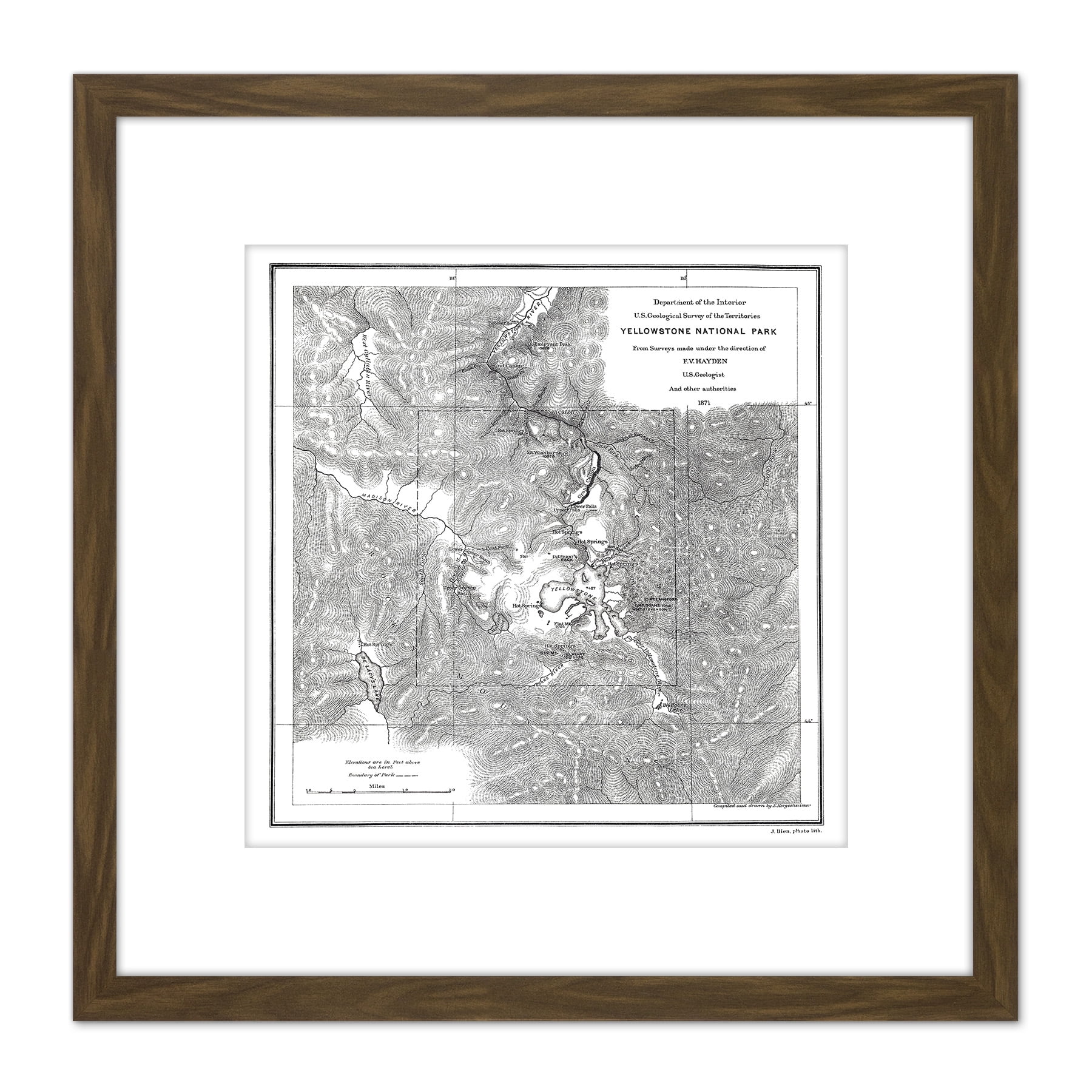 Hayden 1871 Yellowstone National Park USA Map 8X8 Inch Square Wooden ...