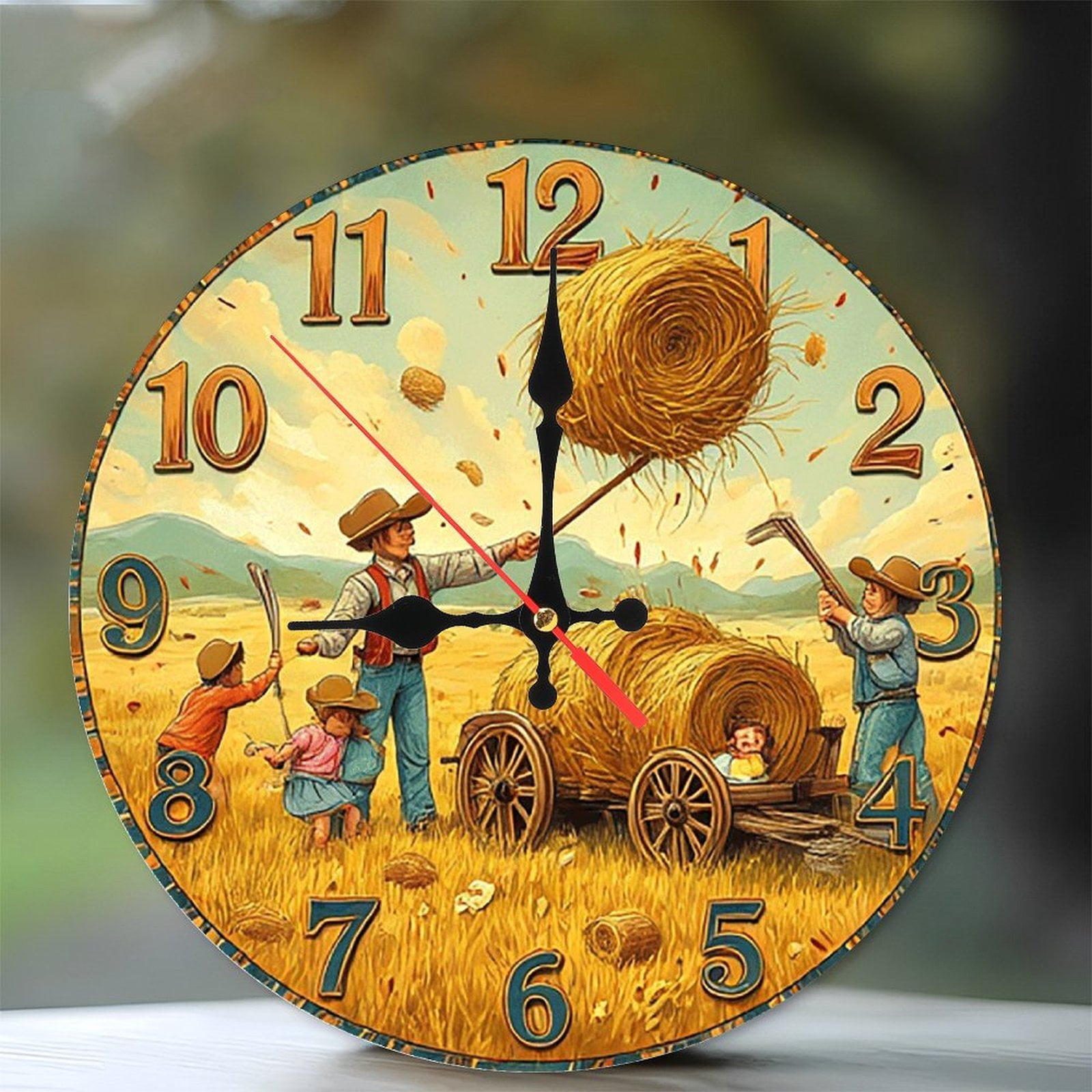 Hayfield Family Farm Clock Wall Decor 10-Inch Silent Wooden Wall Clock ...