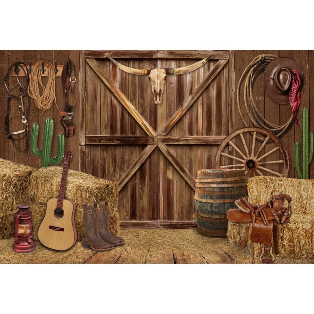 Haystacks Rustic Barn Plank Backdrop Western Cowboy Theme Party Lights ...