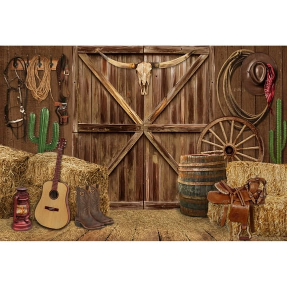 Haystacks Rustic Barn Plank Backdrop Western Cowboy Theme Party Lights ...