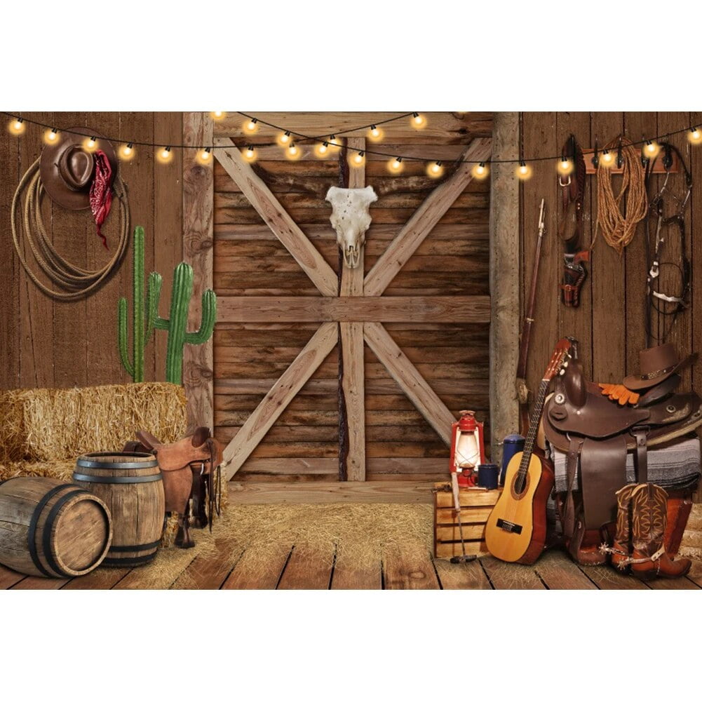 Haystacks Rustic Barn Plank Backdrop Western Cowboy Theme Party Lights ...