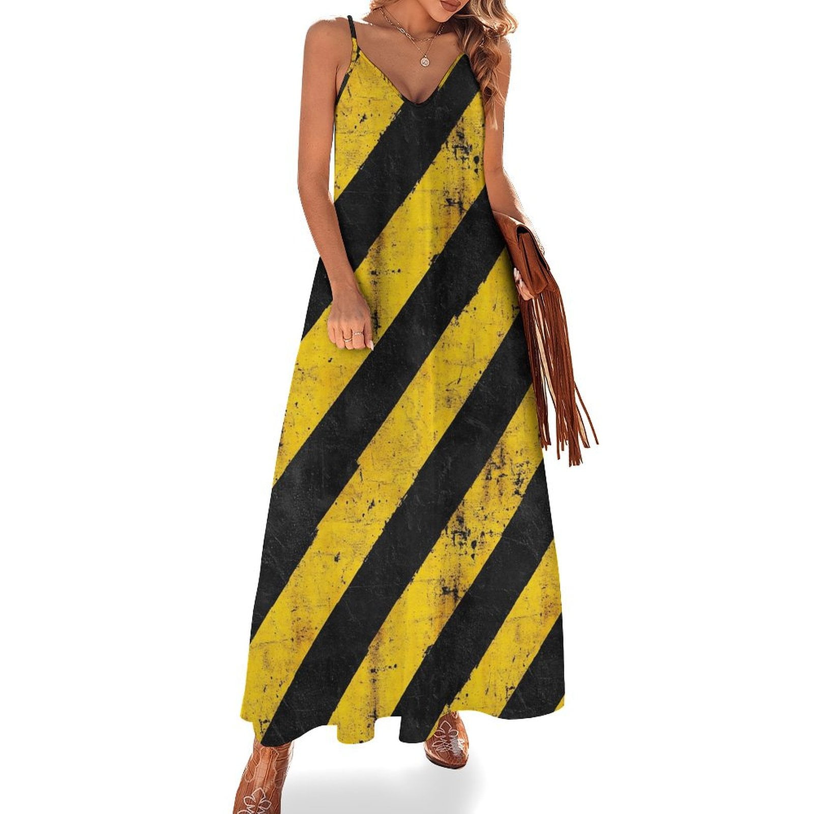 Hazard Warning Black Yellow Striped Women's Maxi Dress Spaghetti Strap ...