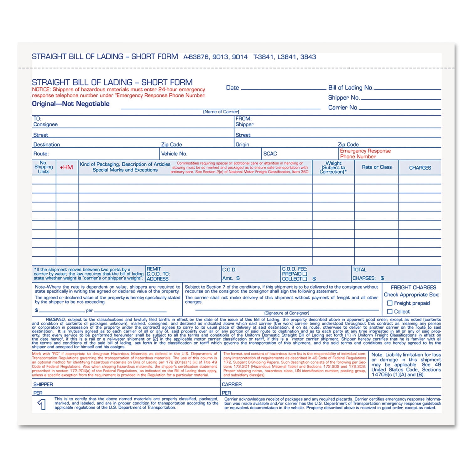 Hazardous Material Short Form 7 x 8 1/2, Three-Part Carbonless, 250 ...