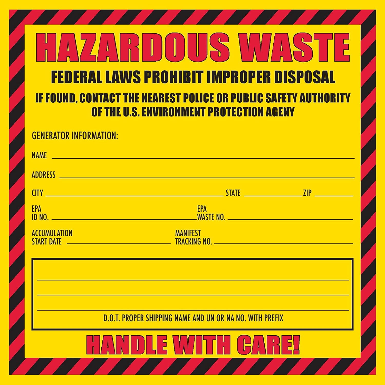 Hazardous Waste Label, 6" x 6", Pack of 100, Yellow and Red Label, Self ...