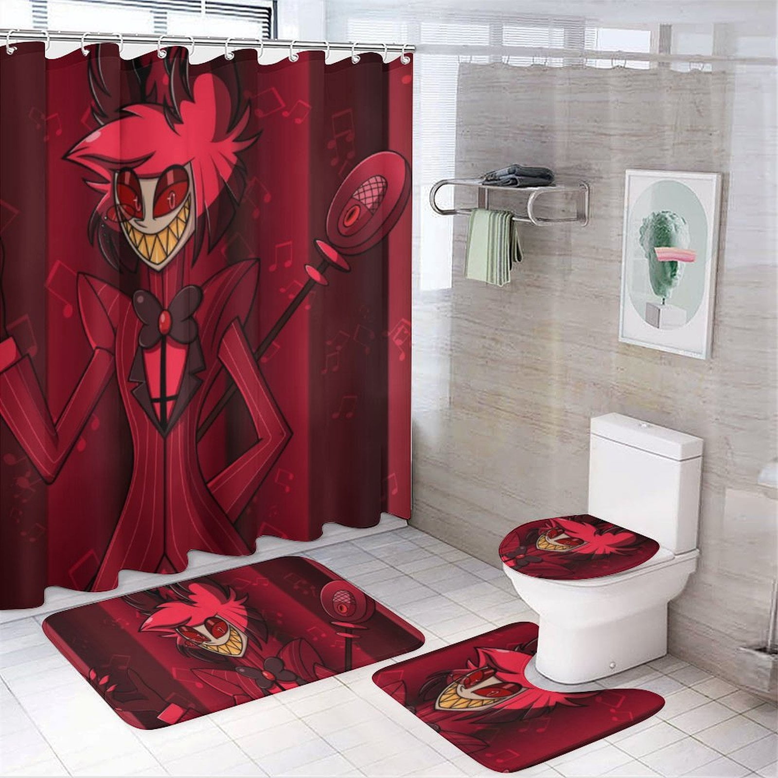 Hazbin Hotel Alastor Radio Demon Shower Curtain Set 4 Pieces Non-Slip ...