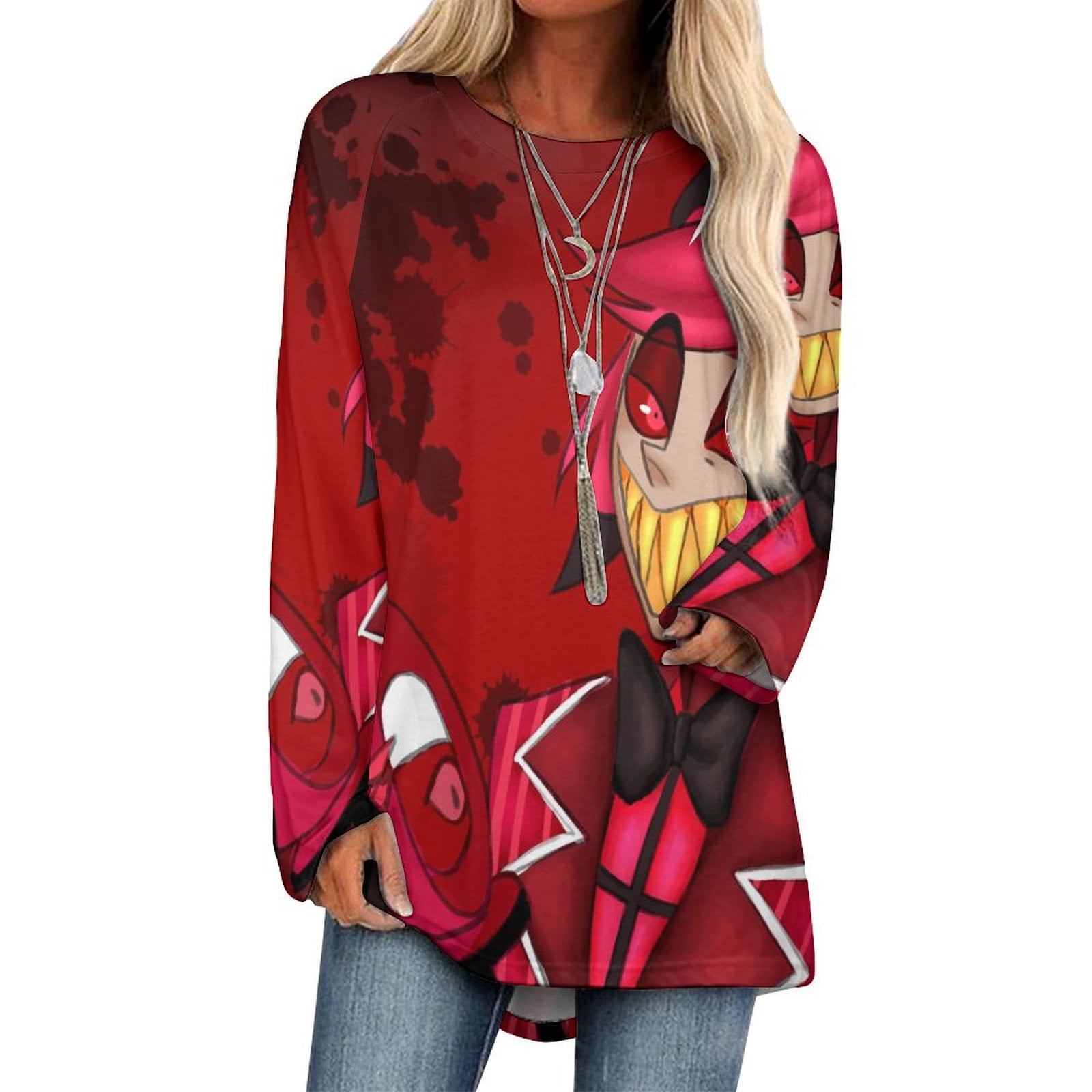 Hazbin Hotel Alastor Womens Long Sleeve T-Shirt Loose Fit Tops Casual ...