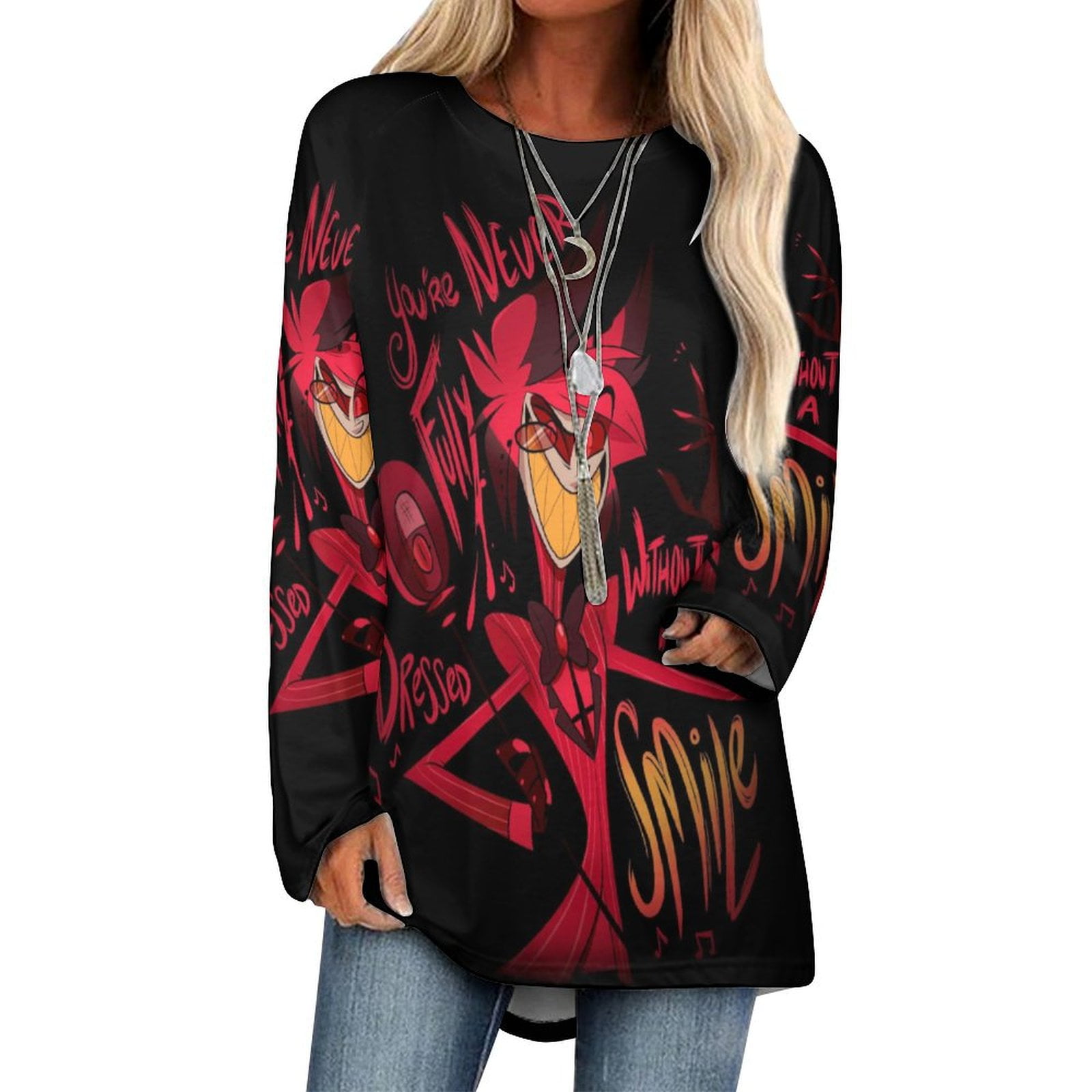 Hazbin Hotel Alastor Womens Long Sleeve T-Shirt Loose Fit Tops Casual ...
