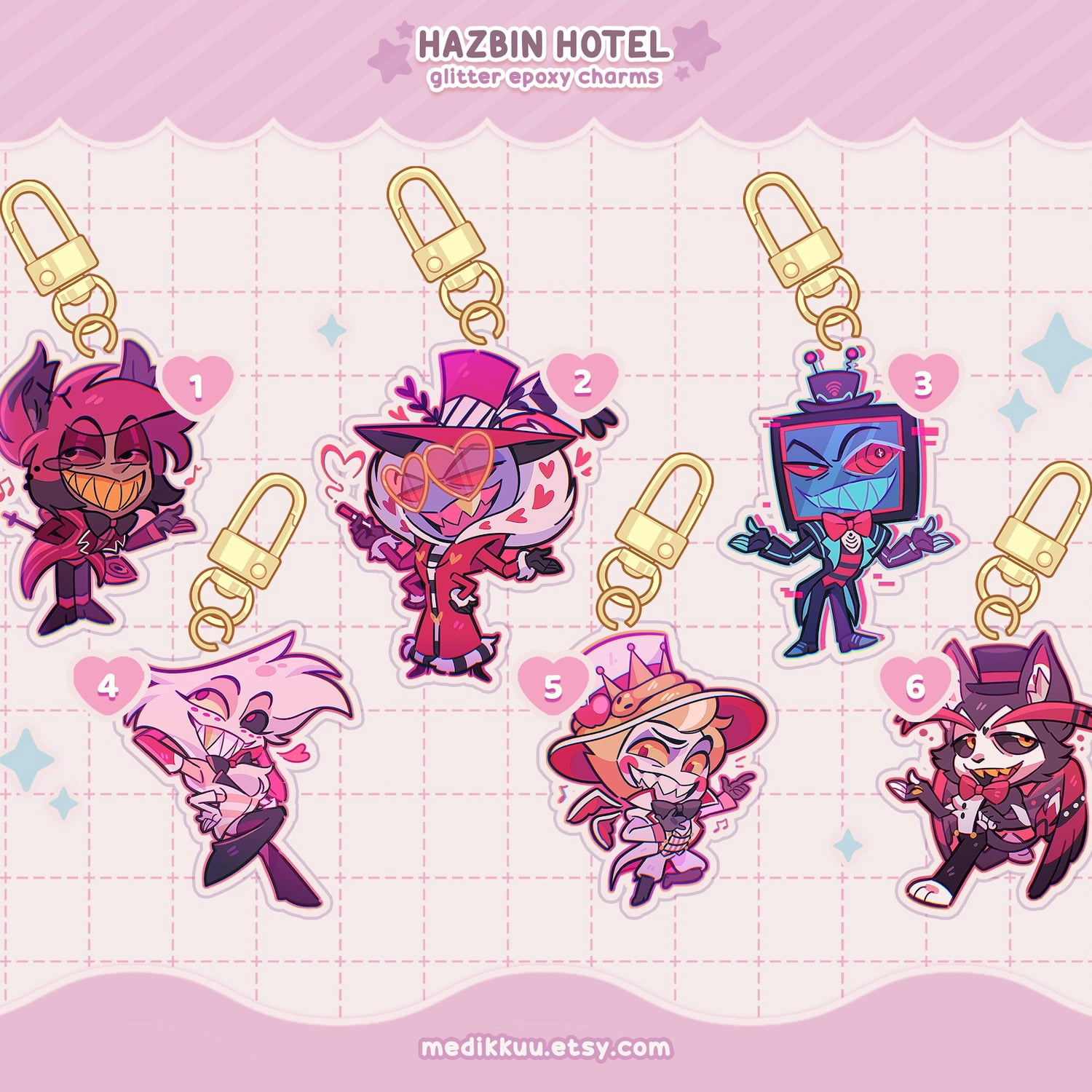 Hazbin Hotel charms keychains & stickers | alastor, valentino, vox ...