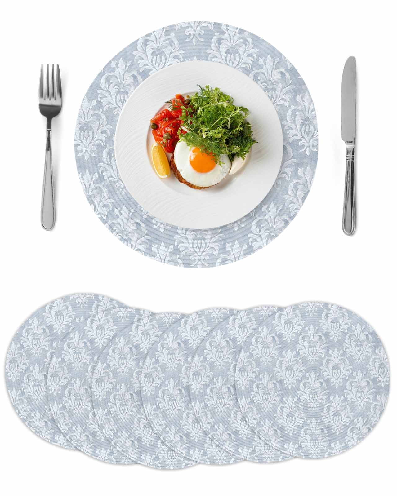 Haze Blue Boho Round 13 Inch Placemats Set of 6, Neutral Middle Century ...