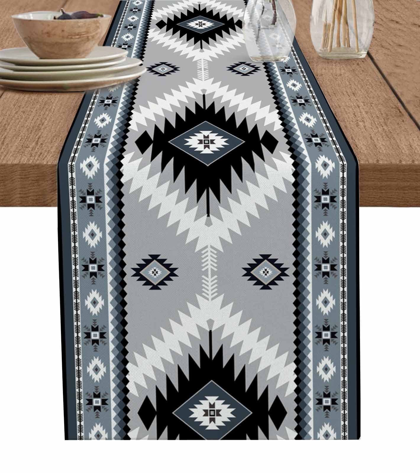 Haze Blue Boho Table Runner 72 Inches, Farmhouse Retro Southwest Aztec ...