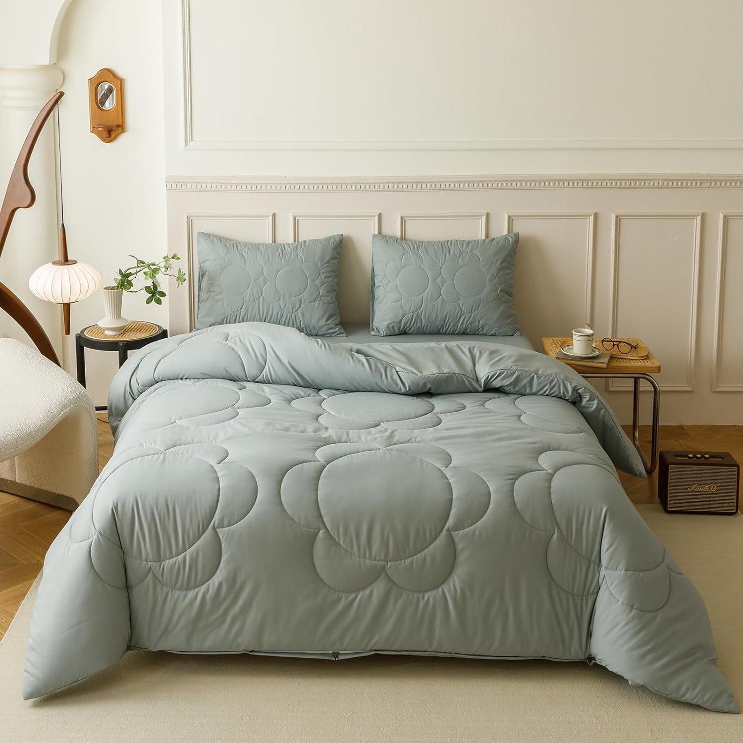Haze Blue Daisy Puff Comforter Set Twin 3Pcs Floral Bedding Comforter ...
