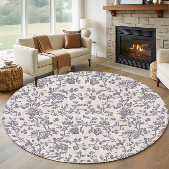 Haze Blue Leaf Round Area Rug 5 FT, Non Slip Bedroom Rugs, Retro ...