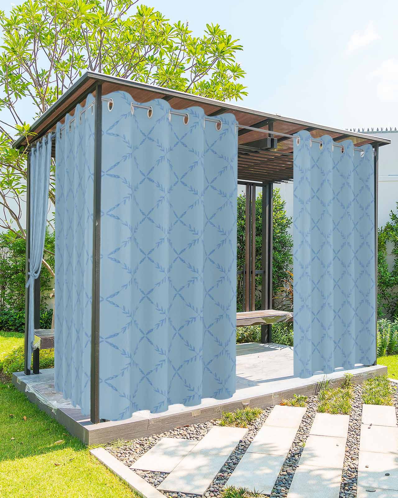 Haze Blue Plaid Outdoor Curtains for Patio, Farmhouse Modern Abstract ...