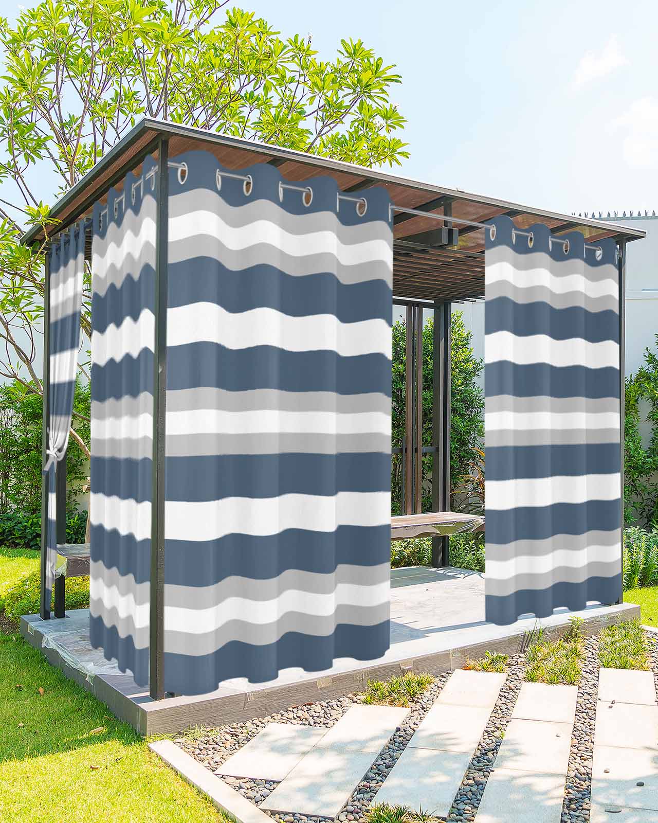 Haze Blue Stripe Outdoor Curtains for Patio, Farmhouse Blue Gray ...