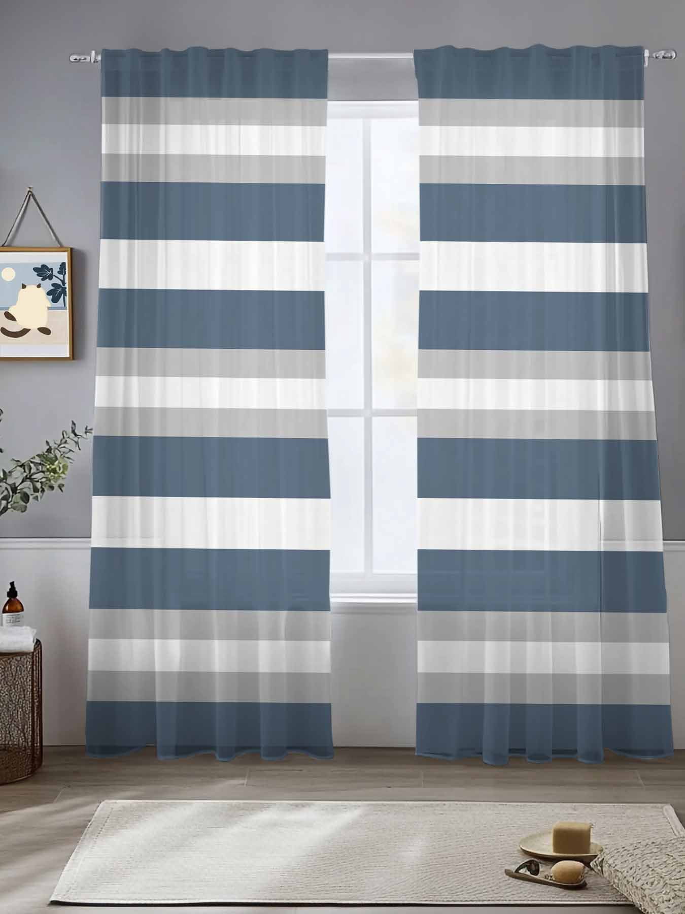 Haze Blue Stripe Sheer Curtains for Living Room Bedroom Farmhouse Blue ...