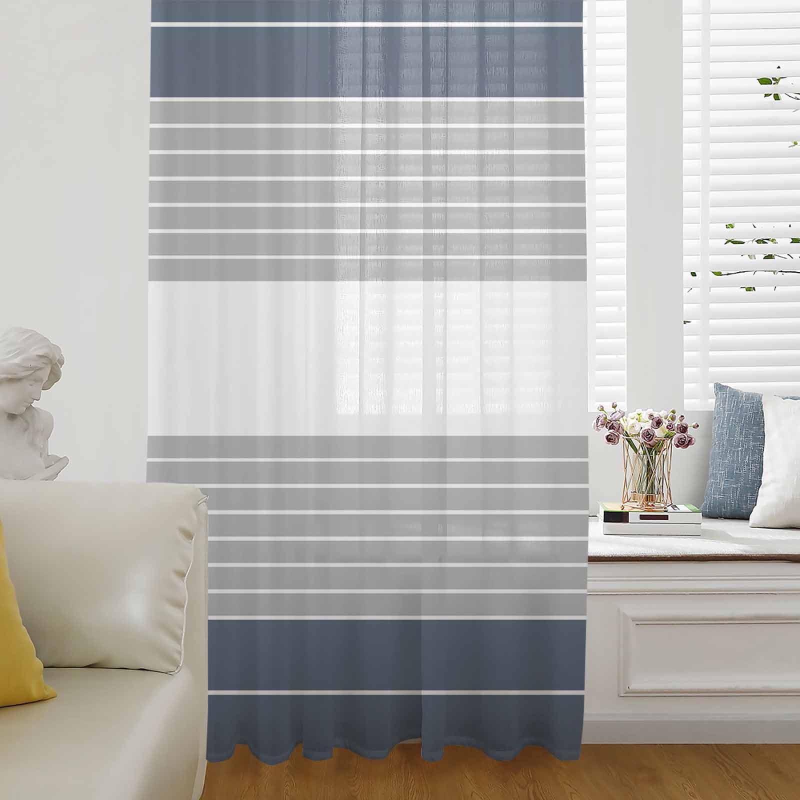 Haze Blue Striped Window Curtain 84 Inches Long,Multi Grey White ...