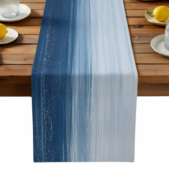Haze Blue White Brush Stroke Textured Table Runner, Abstract Modern ...
