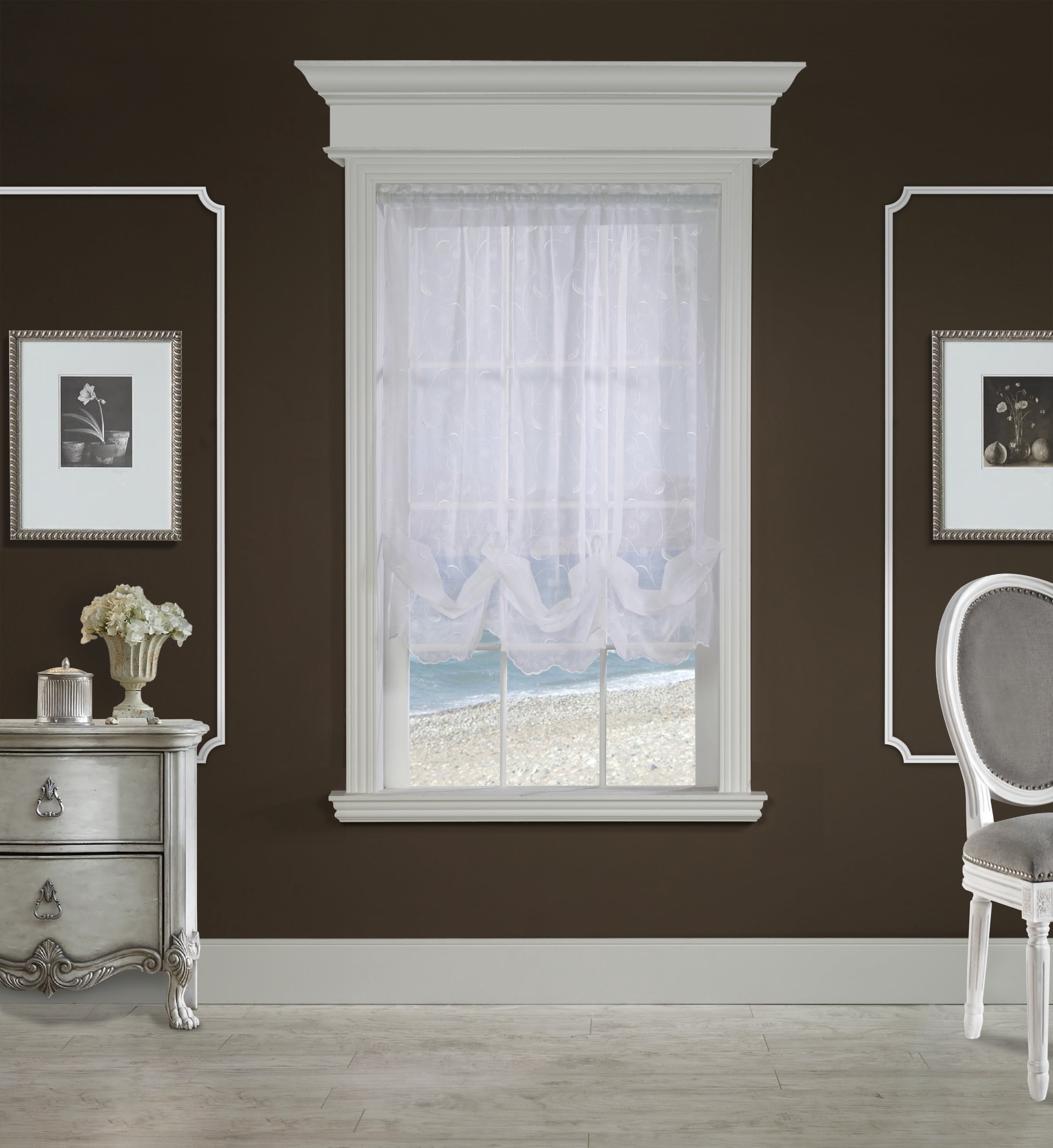 Hazel Scroll Motif Embroidered Balloon Curtain Sheer 54" x 63" in White ...