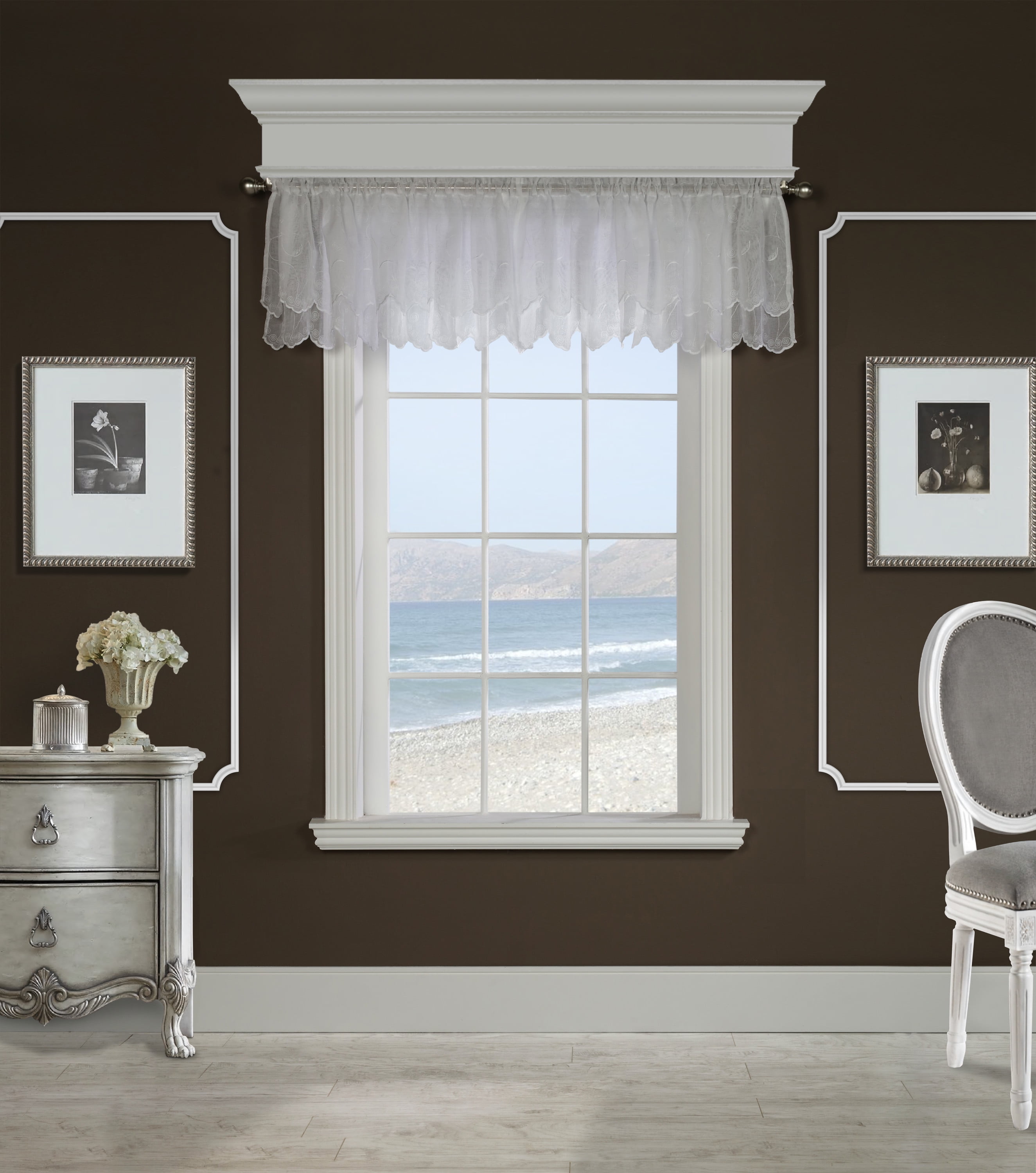 Hazel Scroll Motif Embroidered Double Scalloped Valance 54" x 17" in ...