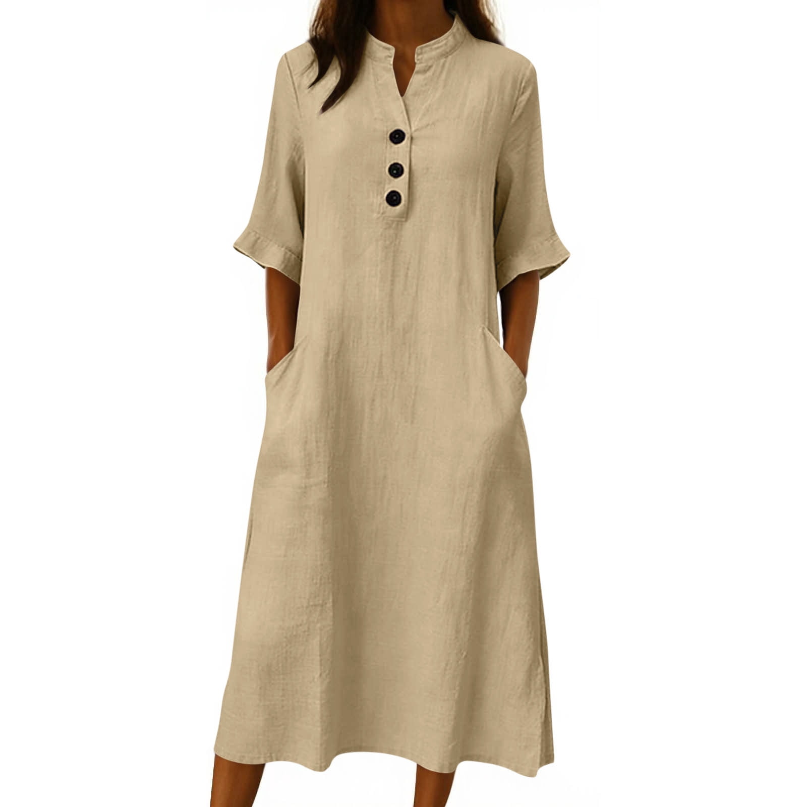 Hduncf 1/2 Sleeve Linen Midi Dress for Women Summer Loose Button Up ...