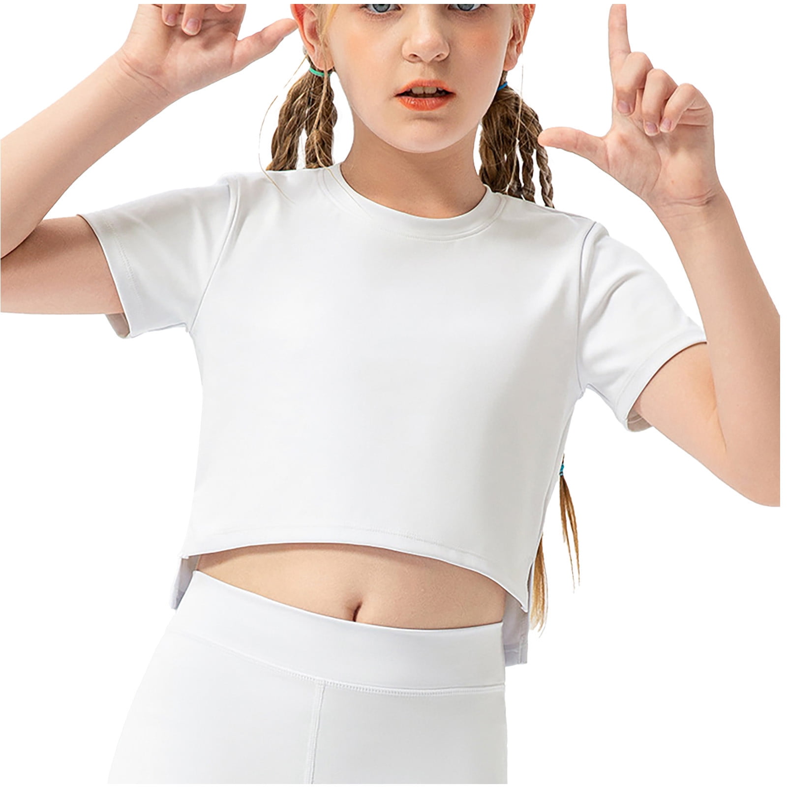 Hduncf Girls Basic Dance Crop Top Kids Plain Short Sleeve Crop T-Shirt ...