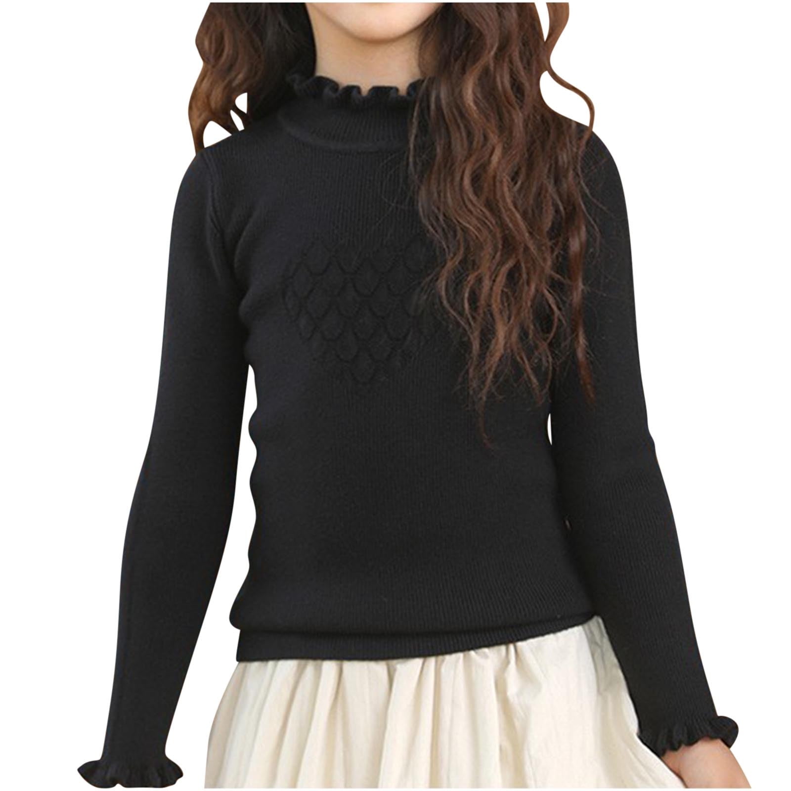 Hduncf Girls Lettuce Edge Trim Mock Neck Long Sleeve Slim Fit Sweaters