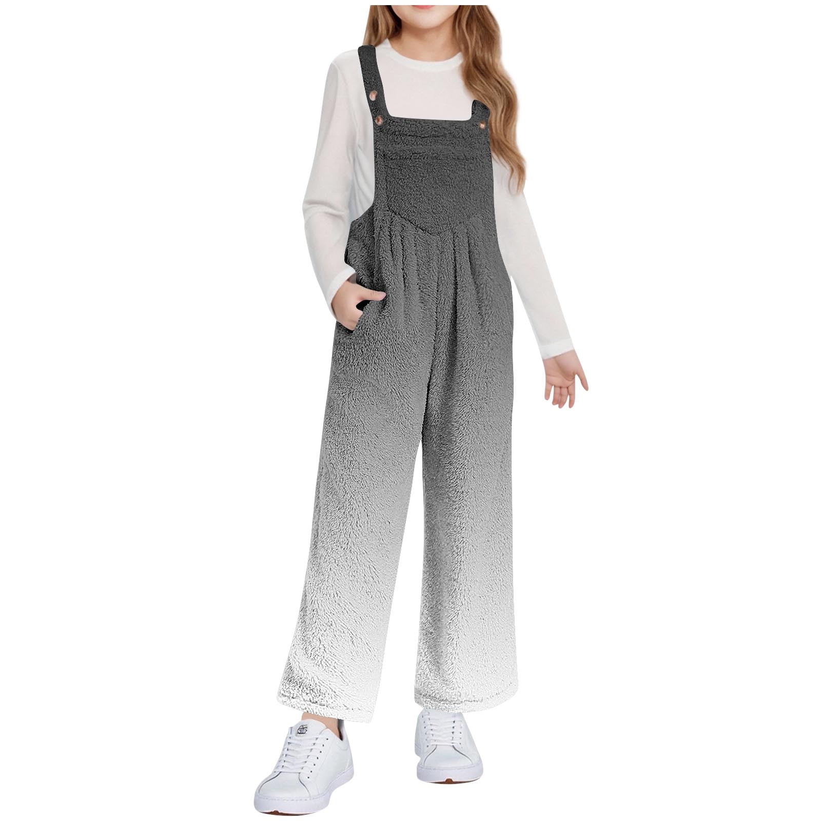 Hduncf Girls Warm Fleece Overalls Kids Gradient Print Loose Adjustable ...