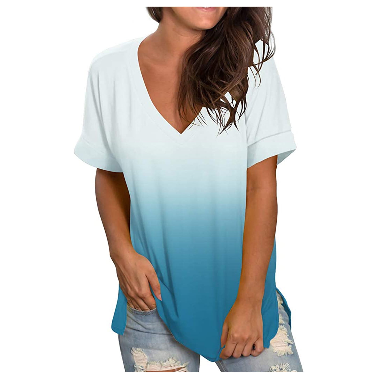Hduncf Women's Deep V T-Shirt Summer Short Sleeve Loose Casual Top ...