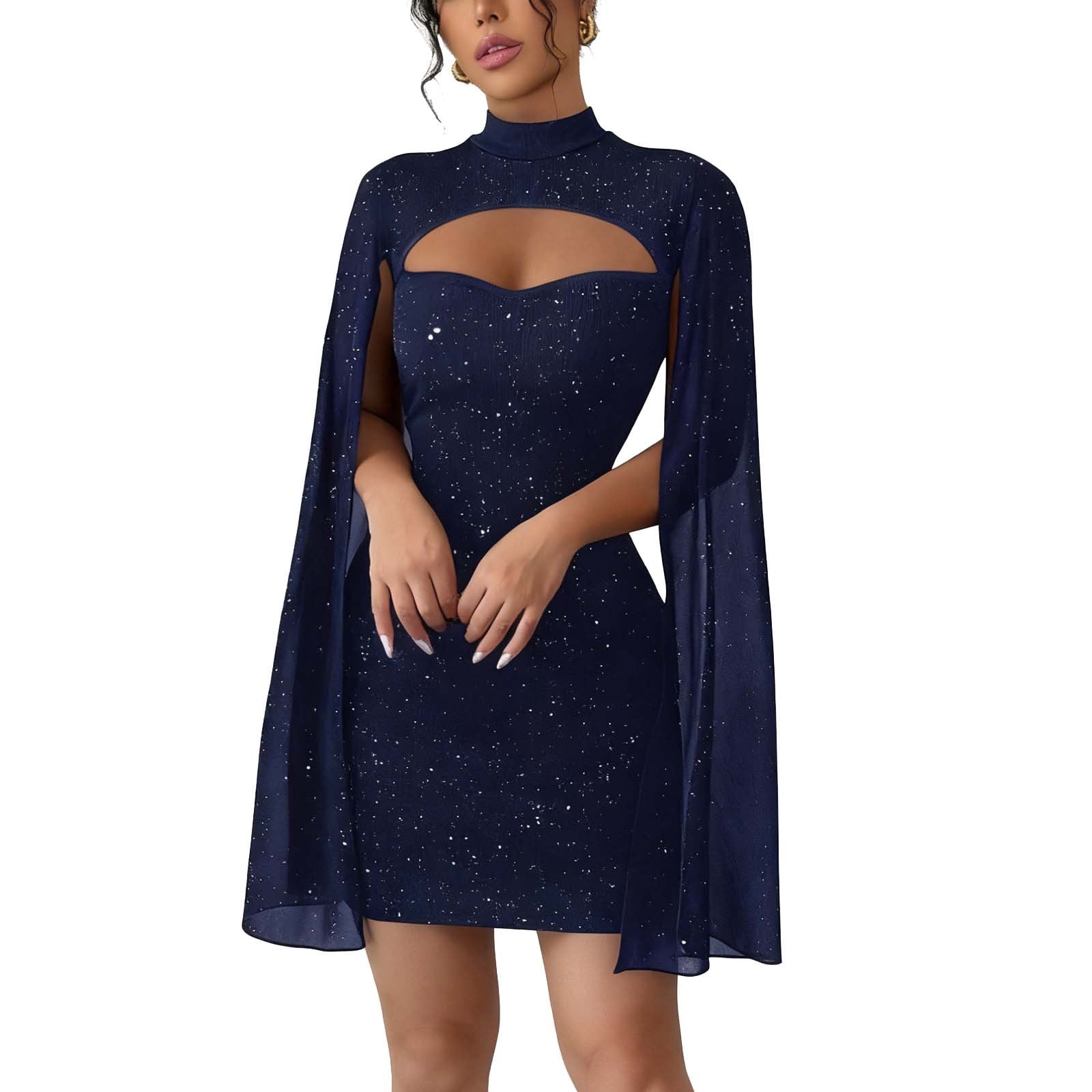 Hduncf Women's Trendy Sparkly Mesh Cloak Dress Soft Elegant Mock Neck ...
