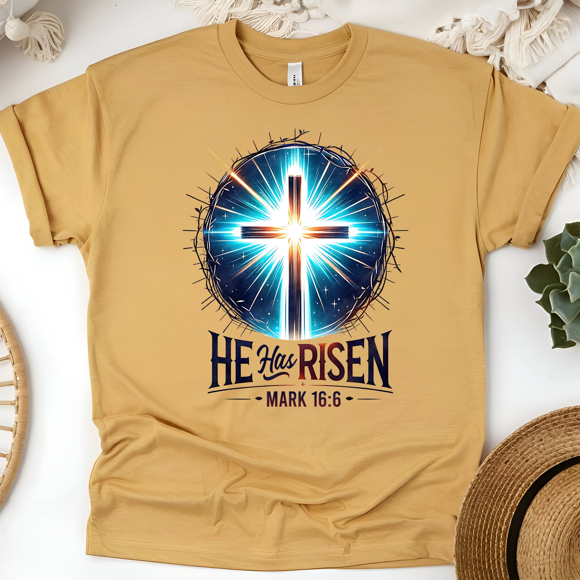He Has Risen Mark 16:6 Bible Verse Christian Graphic T-Shirt, Gold ...