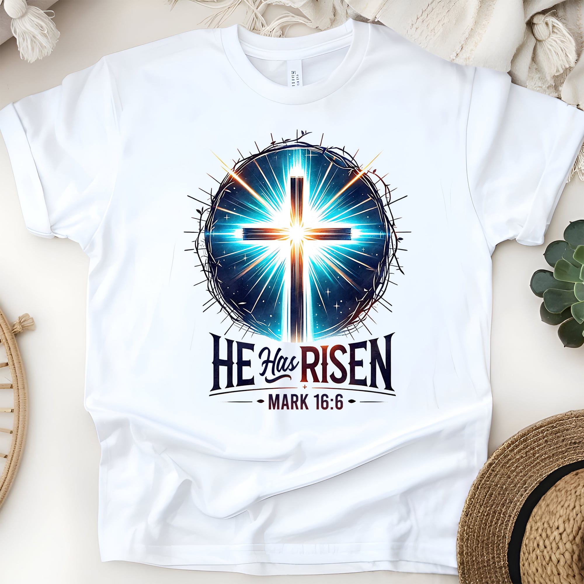 He Has Risen Mark 16:6 Bible Verse Christian Graphic T-Shirt, White ...